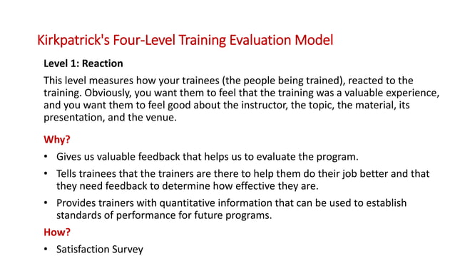 Kirkpatrick's Four-Level Training Evaluation Model | PPTX | Business ...