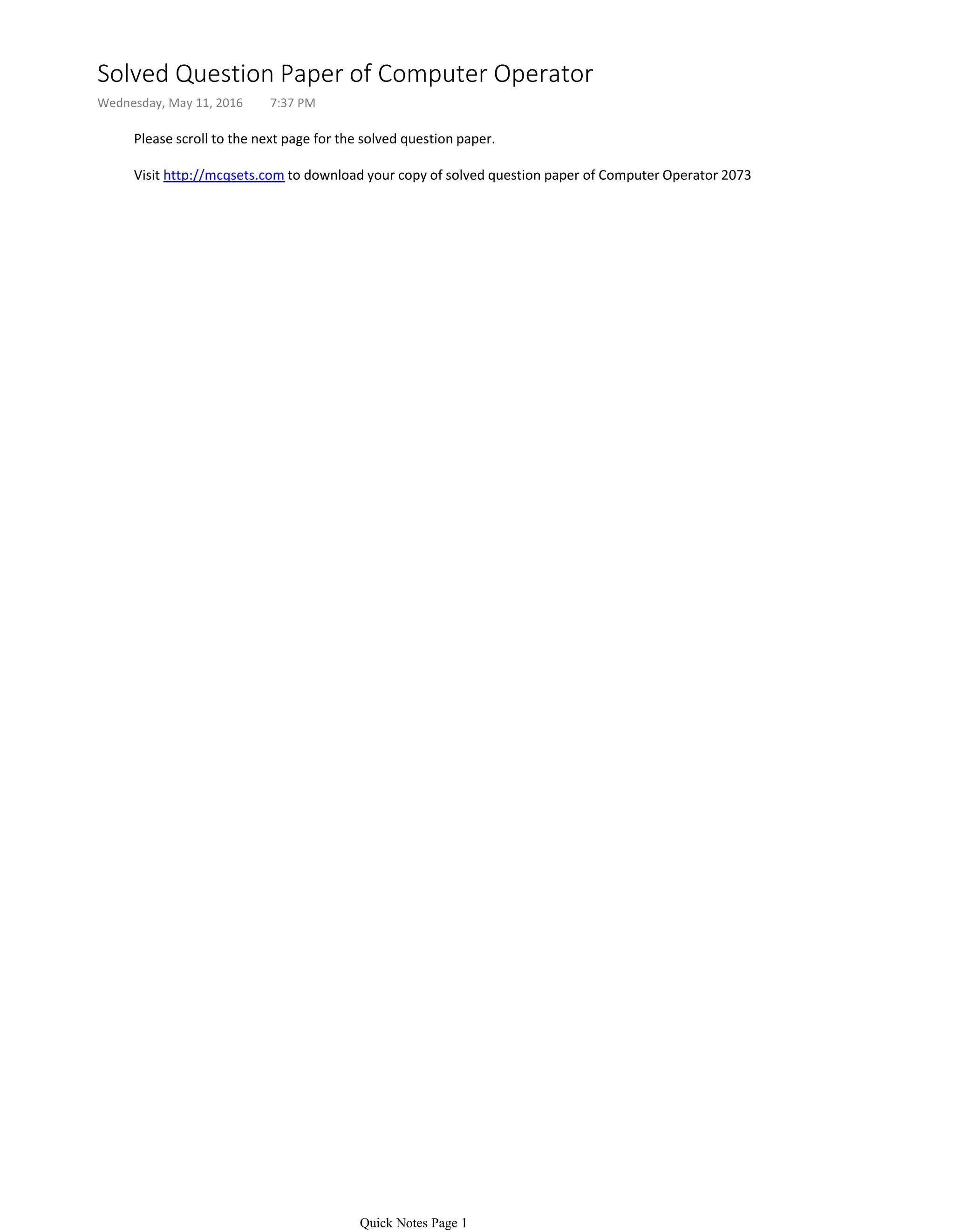 Solved Question Paper of PSC Computer Operator 2016 | PDF Solved Question Paper of PSC Computer Operator 2016 | PDF