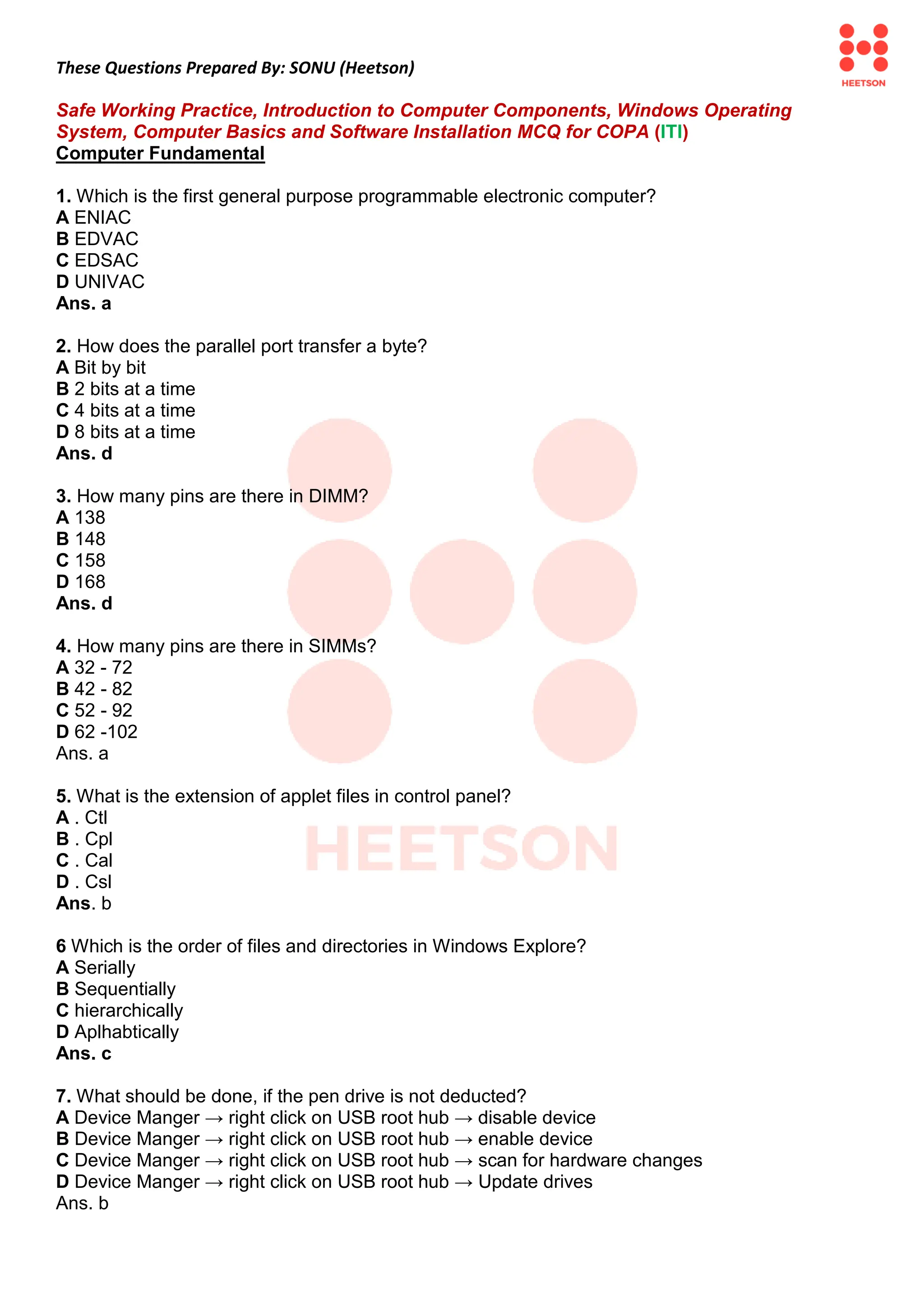 COPA Theory Question Chapter 1 Computer MCQ | PDF
