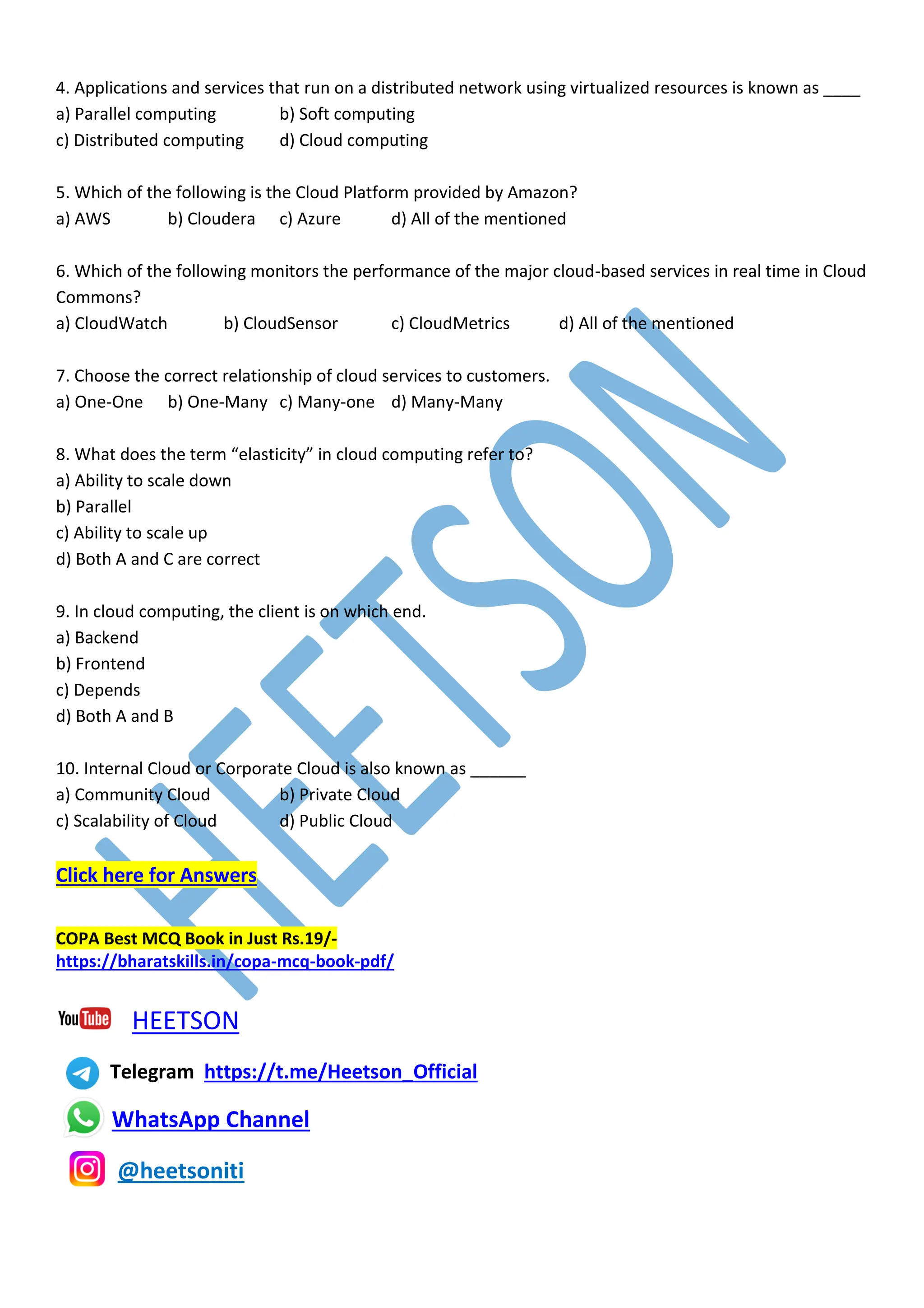 ITI COPA Cloud Computing MCQ Questions and Answers | PDF