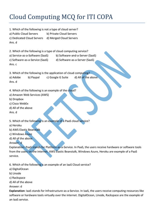 ITI COPA Cloud Computing MCQ Questions and Answers | PDF