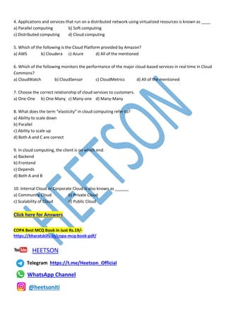 ITI COPA Cloud Computing MCQ Questions and Answers | PDF