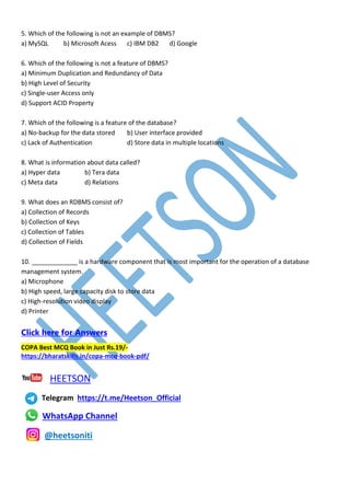 ITI COPA Database Concepts MCQ PDF New Chapter | PDF