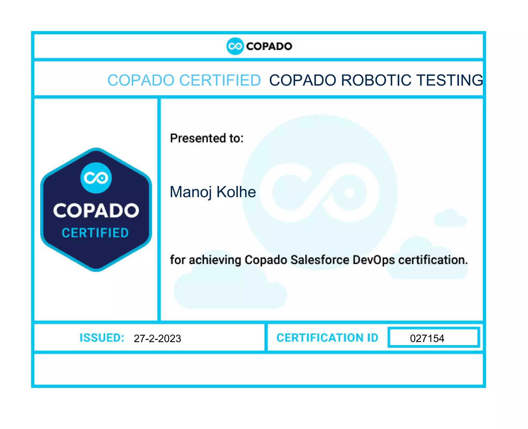 COPADO ROBOTIC TESTING Certificate - Manoj Kolhe | PDF