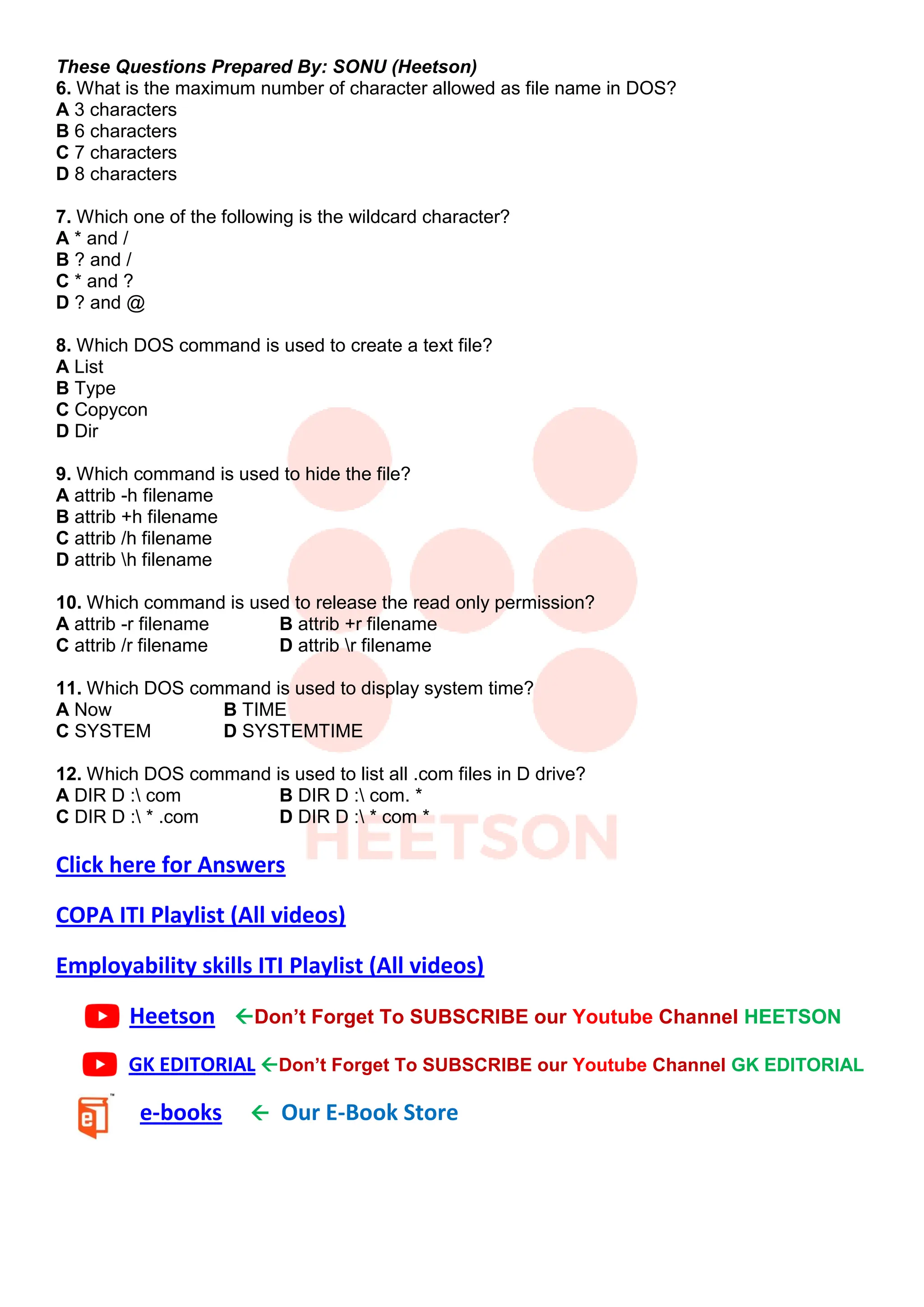 ITI COPA MS Dos and Linux OS MCQ in Hindi | PDF
