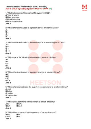 ITI COPA MS Dos and Linux OS MCQ in Hindi | PDF