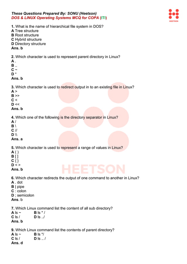 ITI COPA MS Dos and Linux OS MCQ in Hindi | PDF