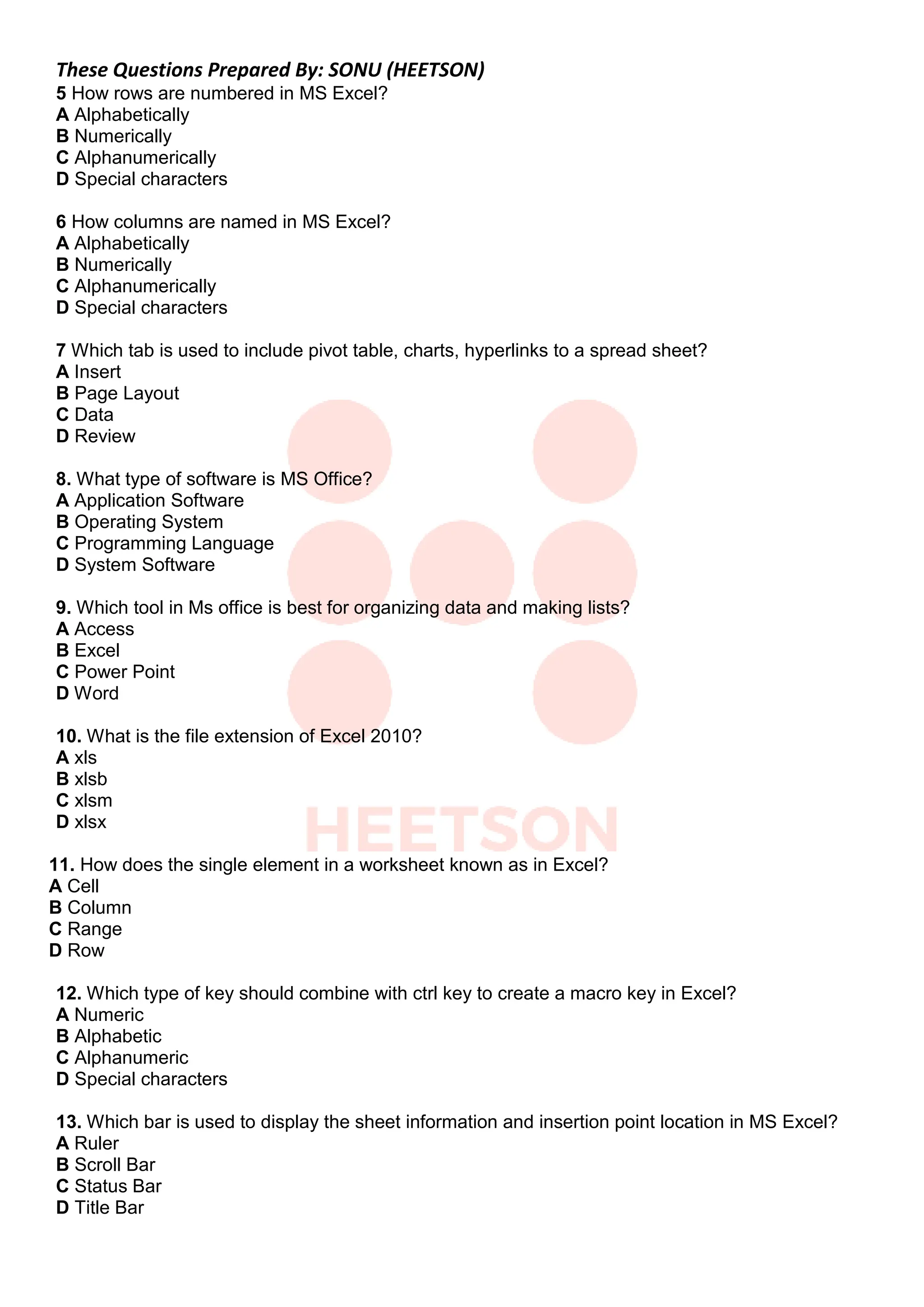 COPA Question Bank MS Excel MCQ with Answers | PDF