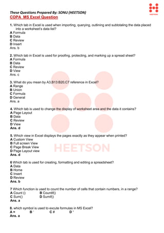 COPA Question Bank MS Excel MCQ with Answers | PDF