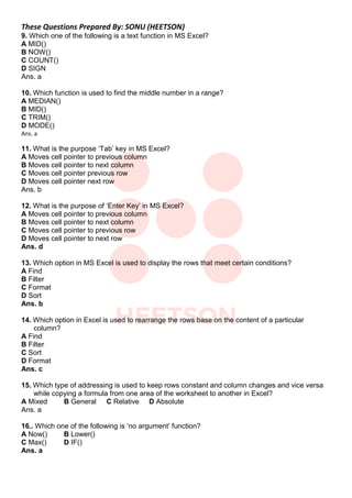 COPA Question Bank MS Excel MCQ with Answers | PDF