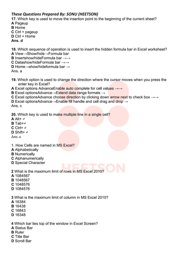COPA Question Bank MS Excel MCQ with Answers | PDF