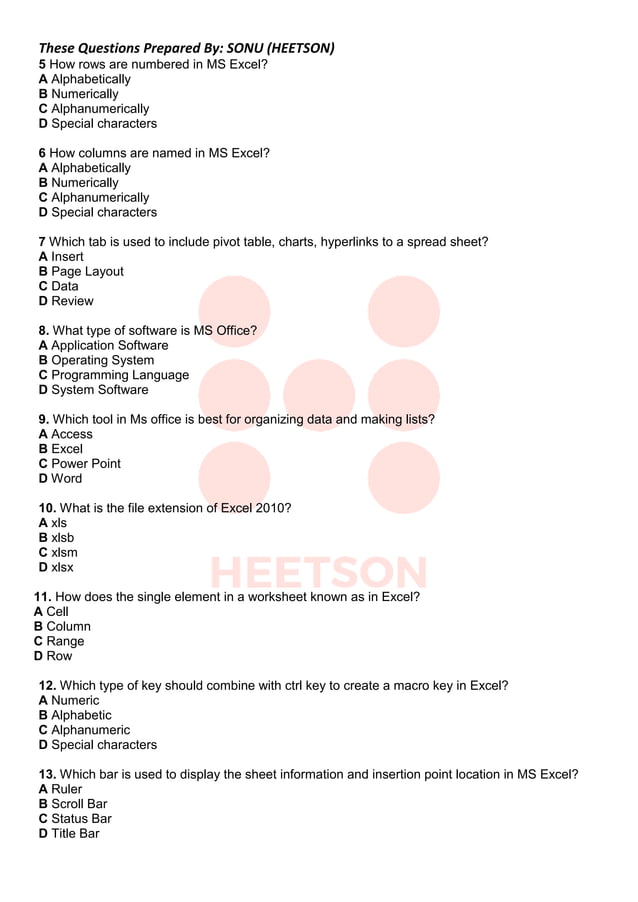 COPA Question Bank MS Excel MCQ with Answers | PDF