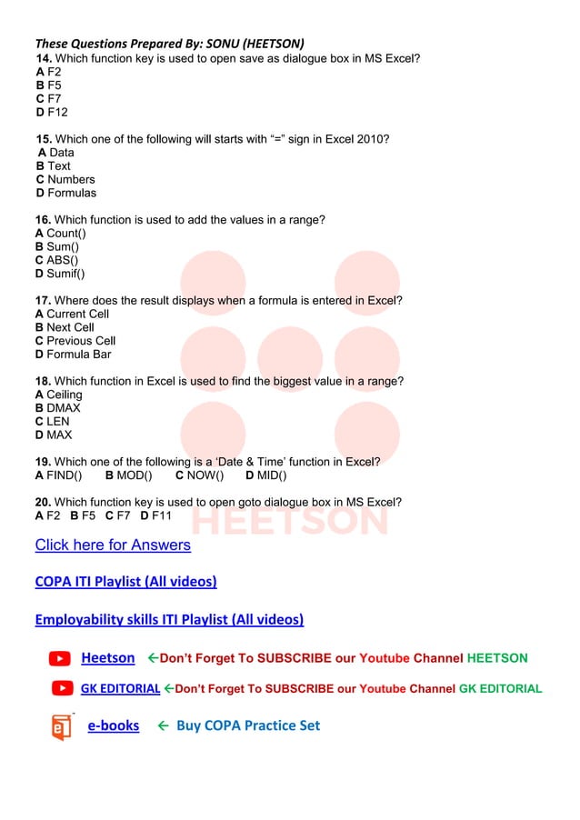 COPA Question Bank MS Excel MCQ with Answers | PDF