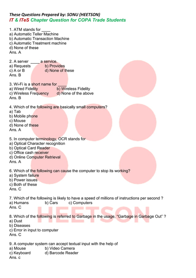 COPA IT and ITES MCQ Questions and Answers | PDF