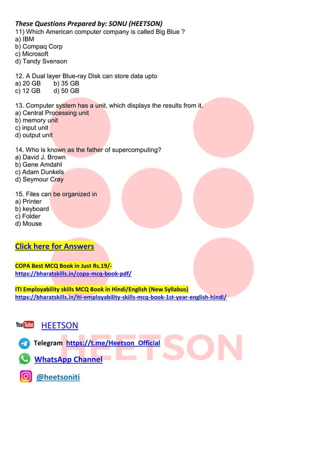 COPA IT and ITES MCQ Questions and Answers | PDF