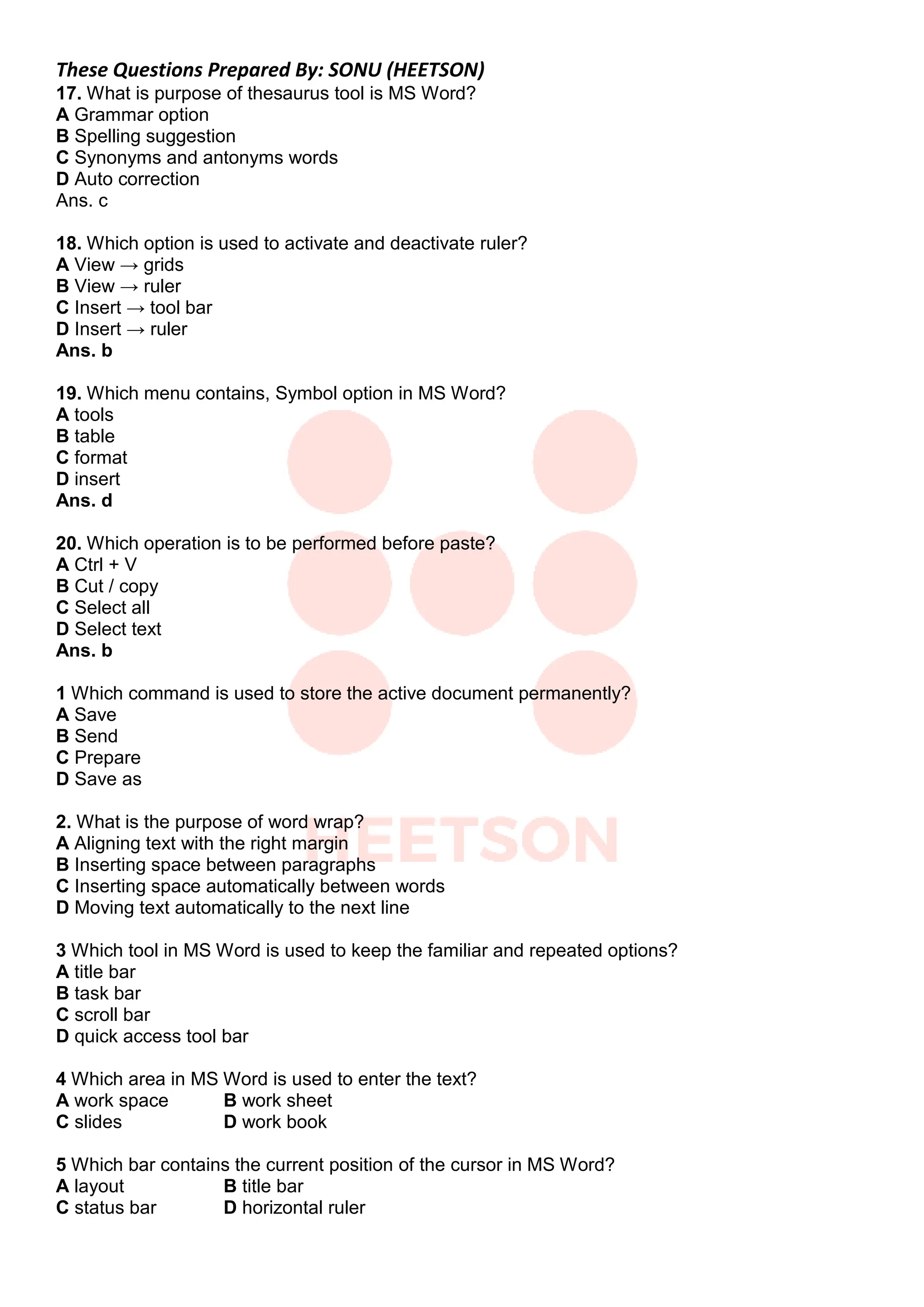 COPA ITI MS Word MCQ Most Important Questions | PDF