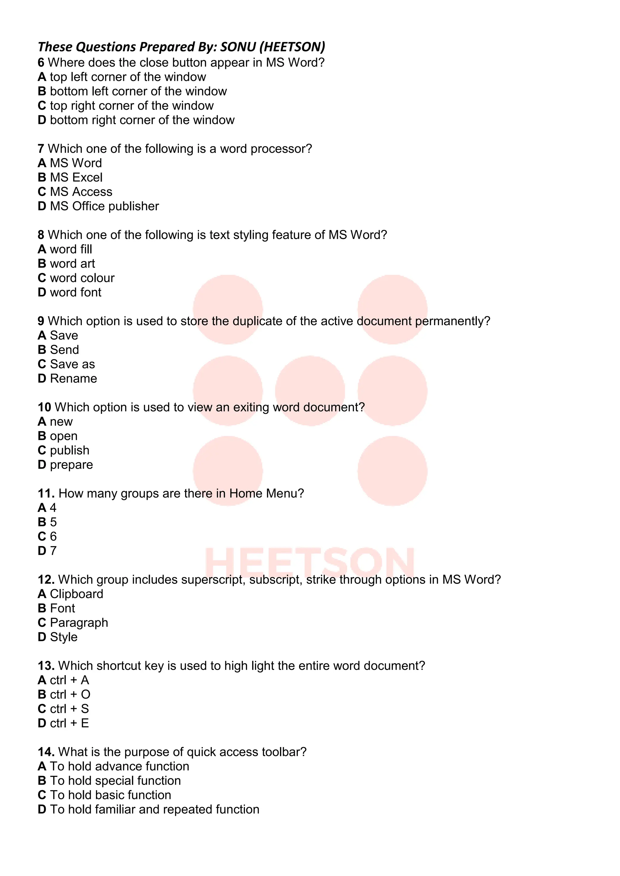 COPA ITI MS Word MCQ Most Important Questions | PDF