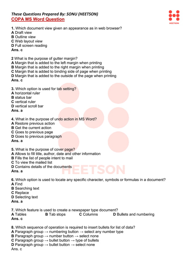 COPA ITI MS Word MCQ Most Important Questions | PDF