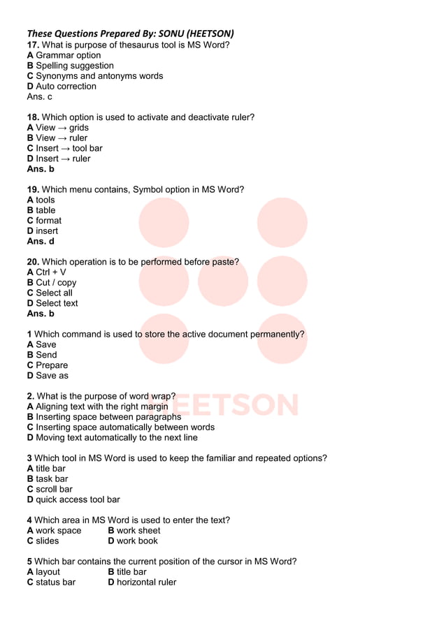 COPA ITI MS Word MCQ Most Important Questions | PDF