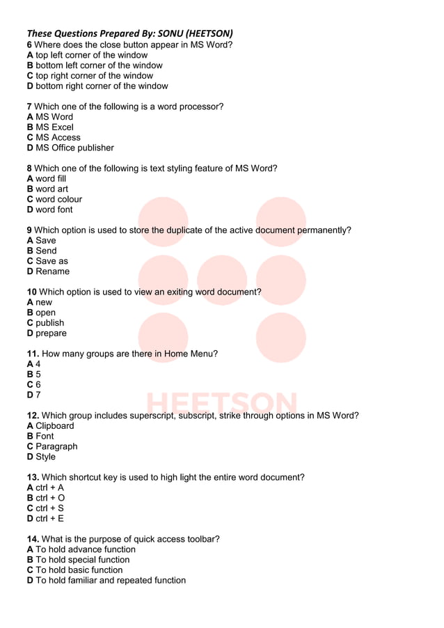 COPA ITI MS Word MCQ Most Important Questions | PDF