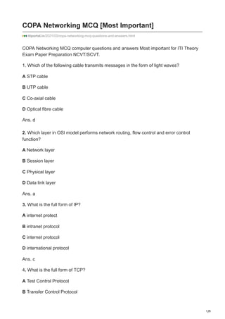 COPA Networking MCQ Most Important Question | PDF