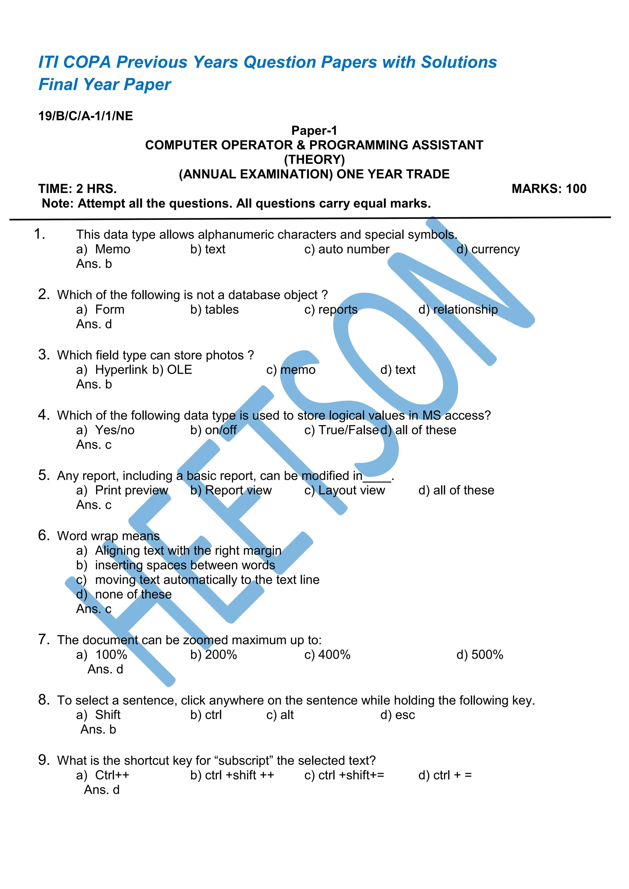COPA Practice Set (Previous Year Question Paper) | PDF