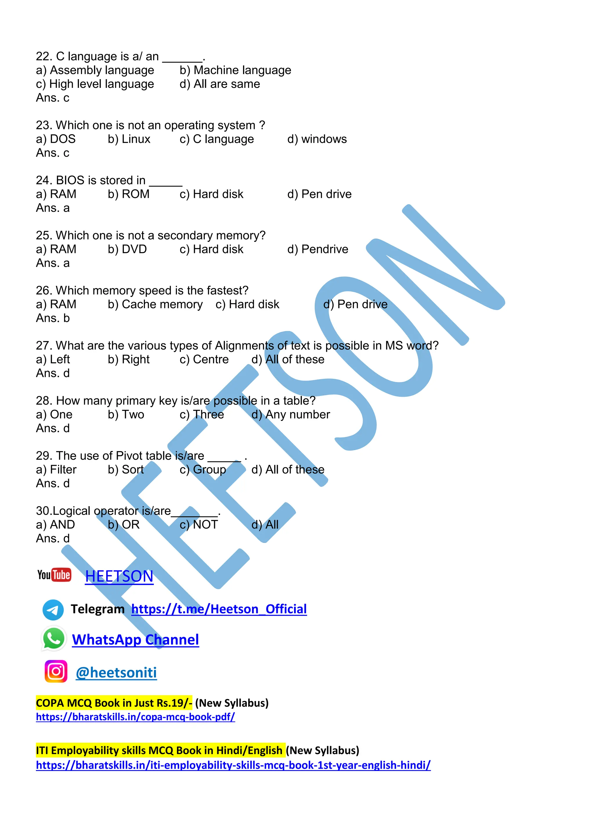 COPA Practice Set (Previous Year Question Paper) | PDF