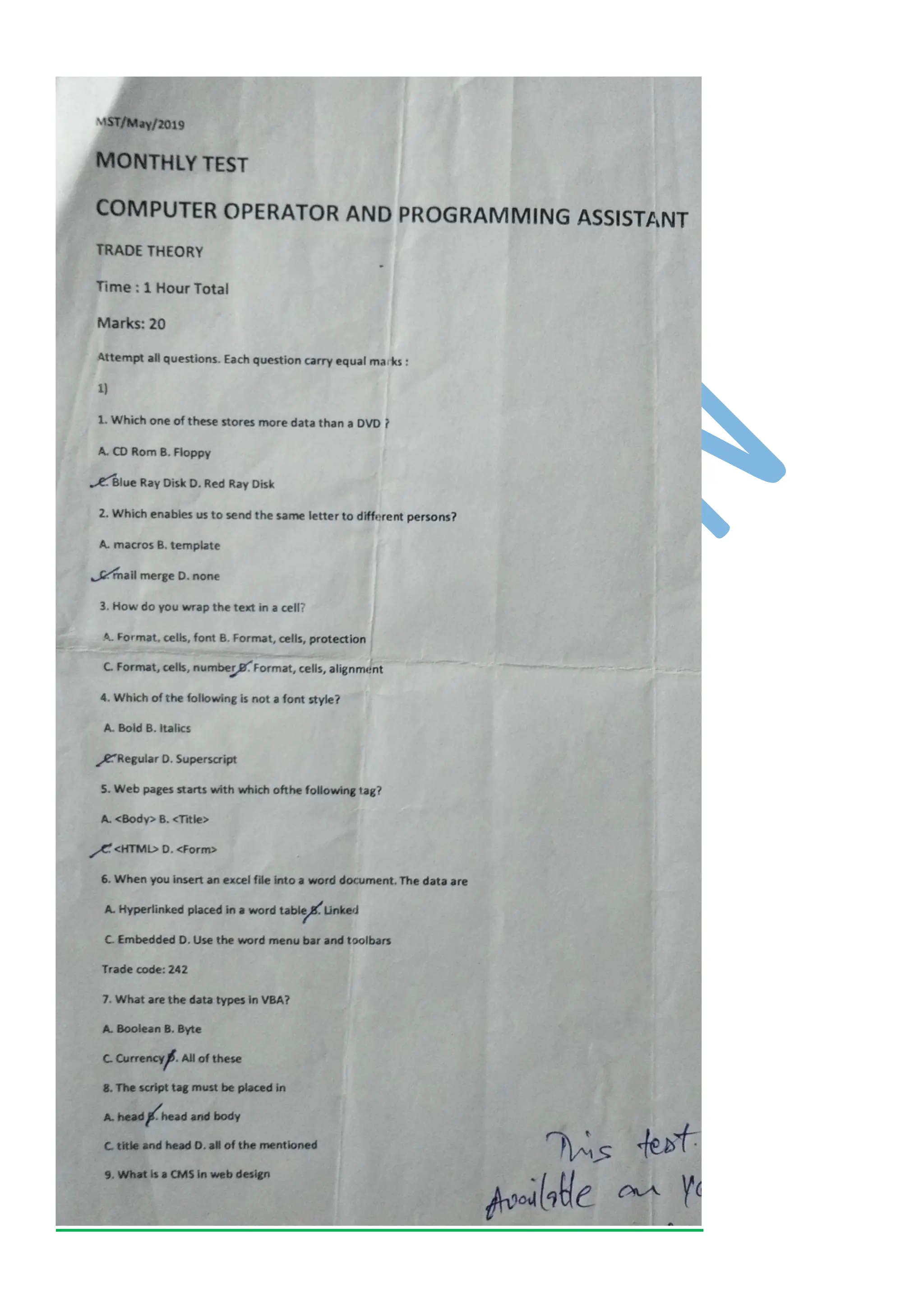 COPA Practice Set (Previous Year Question Paper) | PDF
