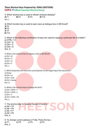ITI COPA Shortcut Keys Question in Computer | PDF