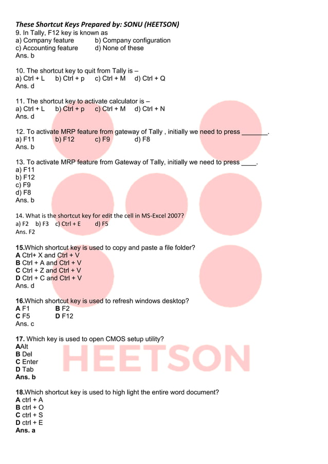 ITI COPA Shortcut Keys Question in Computer | PDF