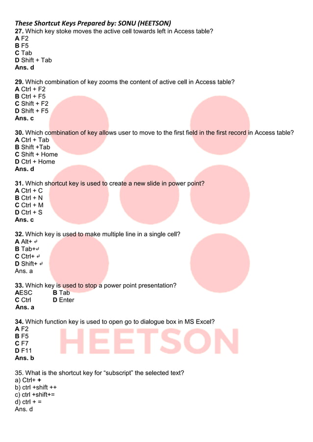 ITI COPA Shortcut Keys Question in Computer | PDF