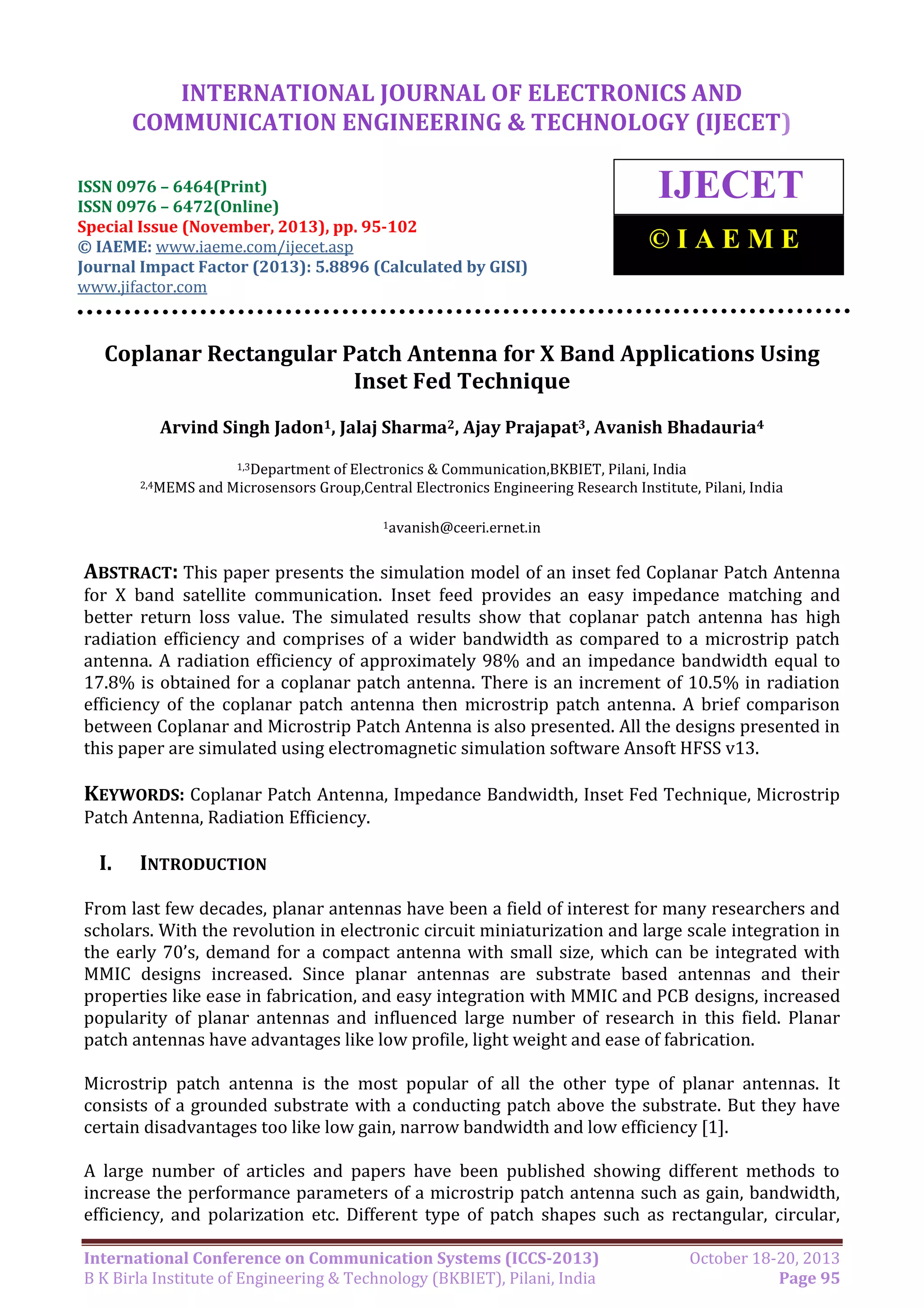 Coplanar rectangular patch antenna for x band applications using inset fed technique | PDF