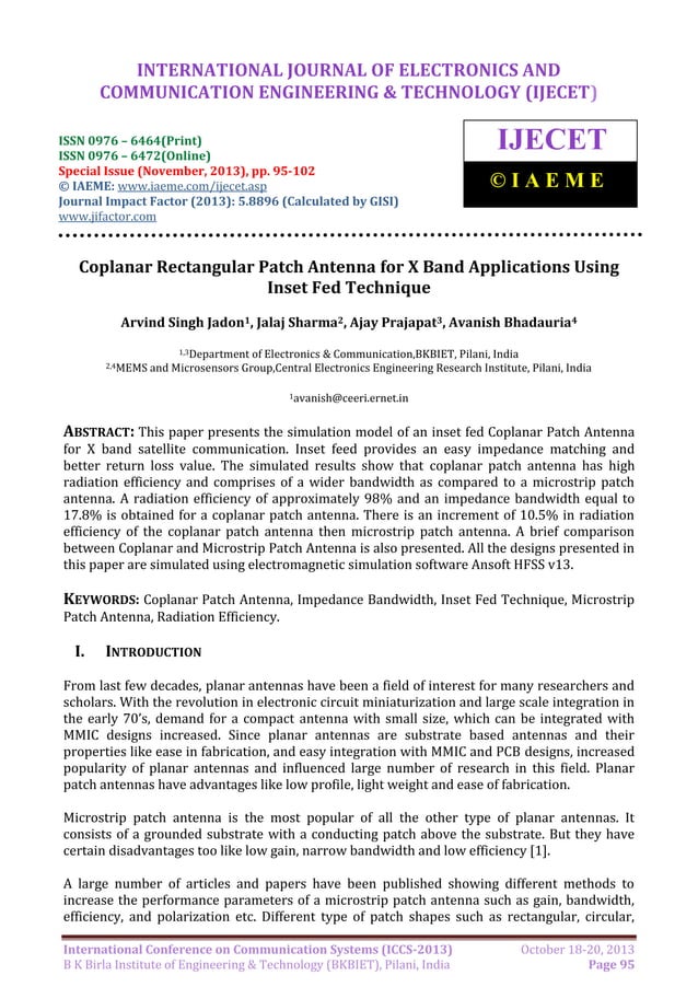 Coplanar rectangular patch antenna for x band applications using inset fed technique | PDF