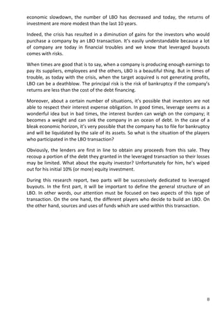 Leveraged-Buyouts; Market mechanism, Tax shield and exiting of an LBO | PDF