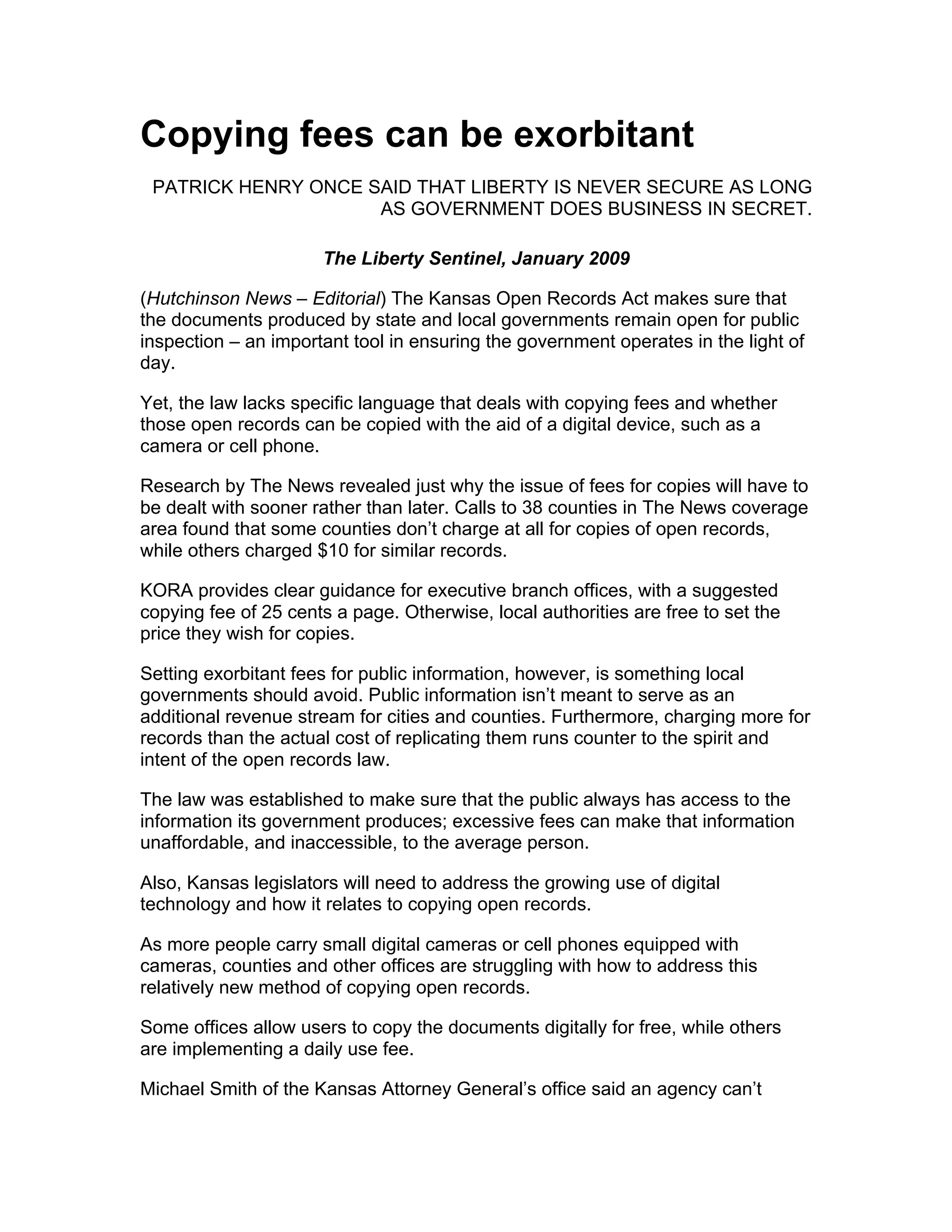 Hutchinson News - Editorial Copy Fees | PDF