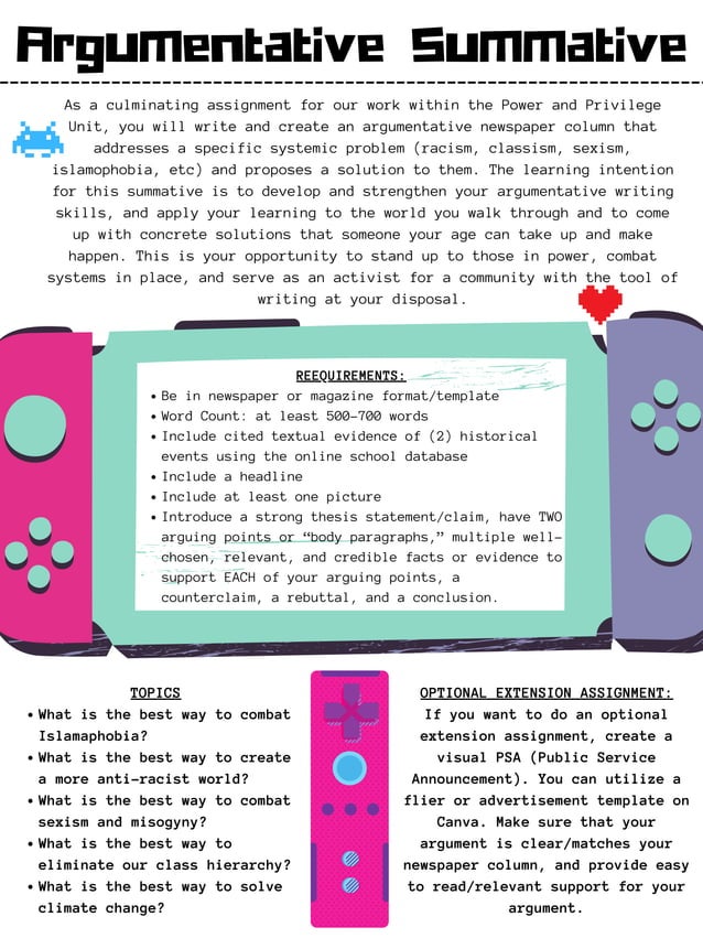 9th Grade Argumentative Summative One-Pager | PDF | Debated Sensitive ...