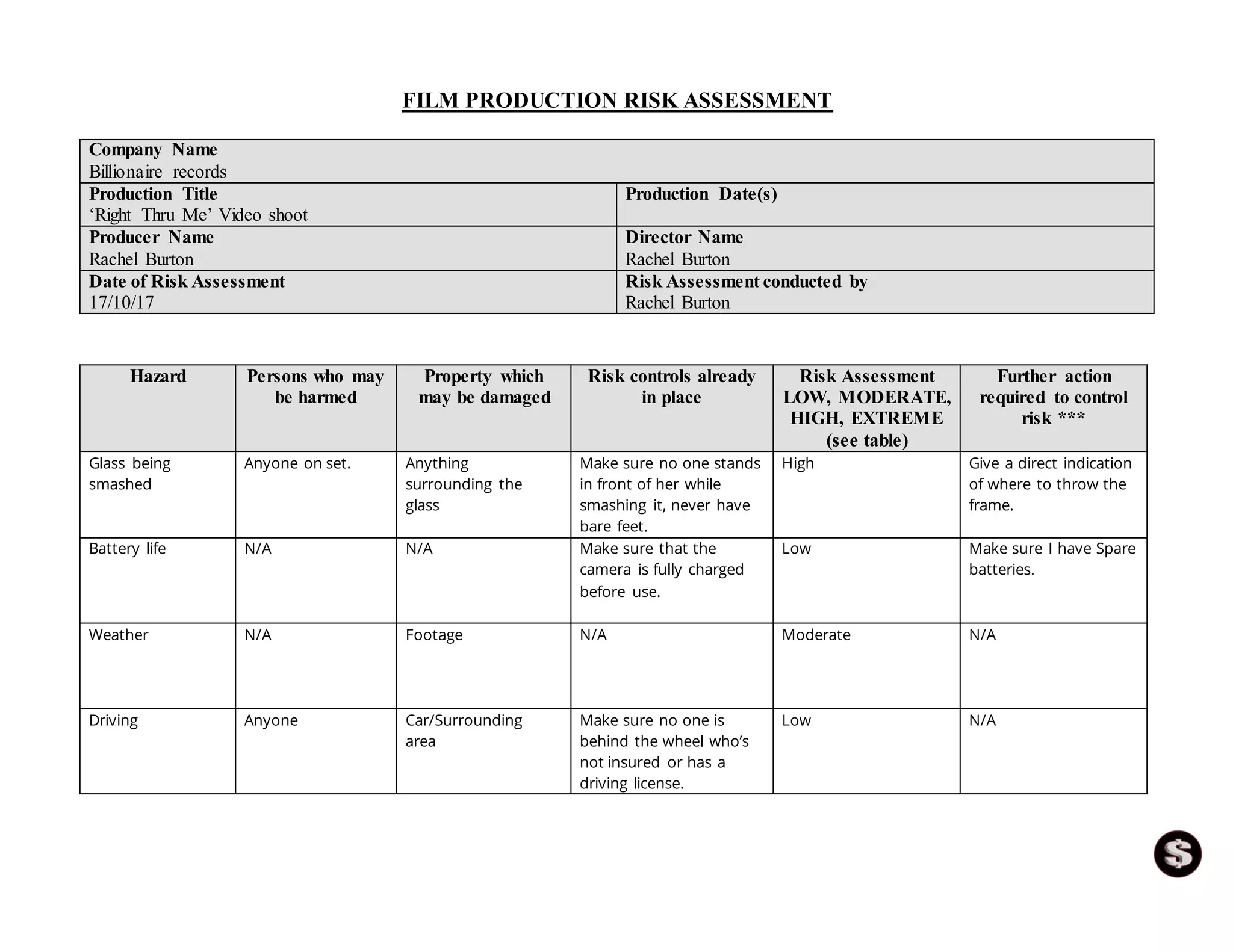 Copy of film production risk assessment form | DOCX