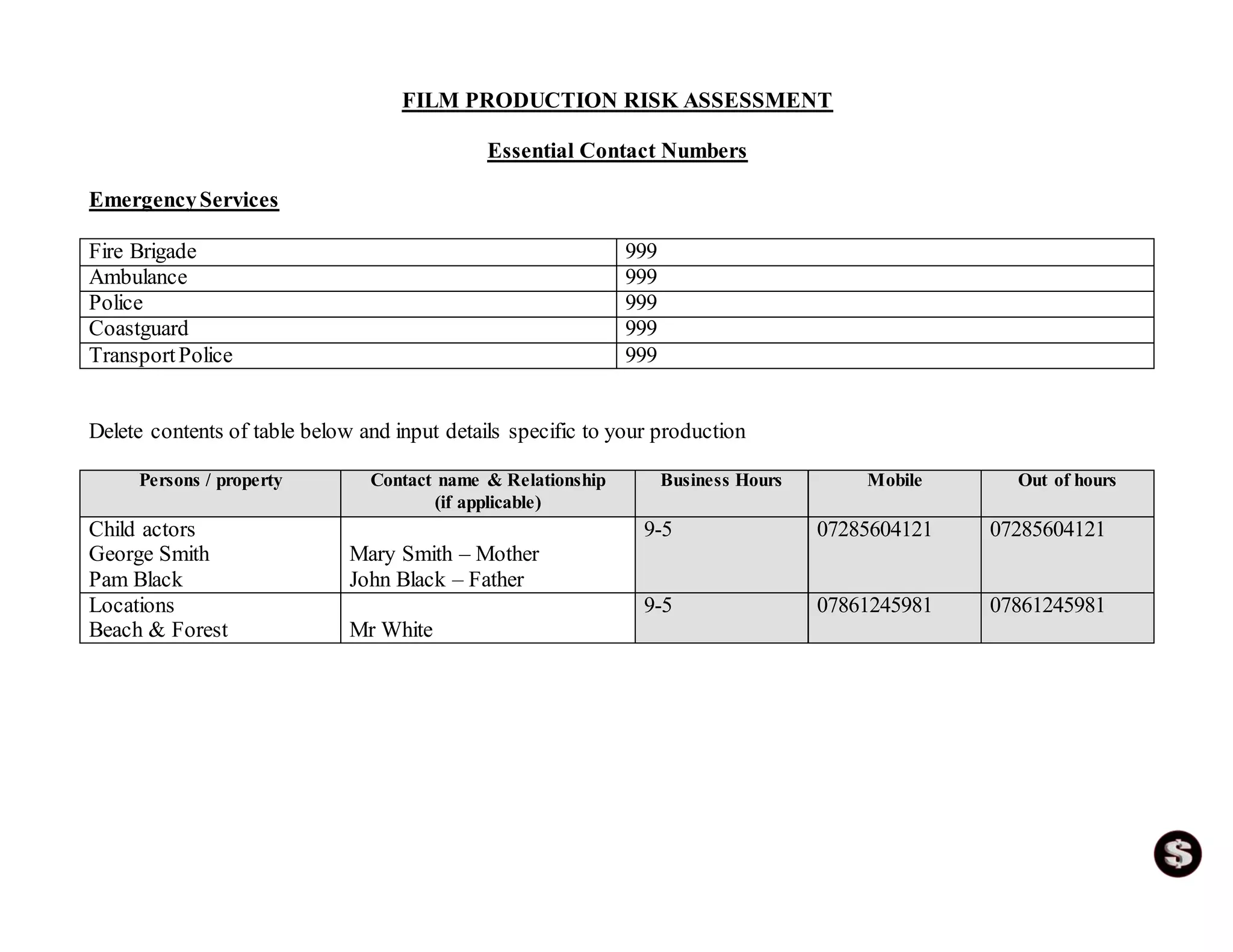 Copy of film production risk assessment form | DOCX