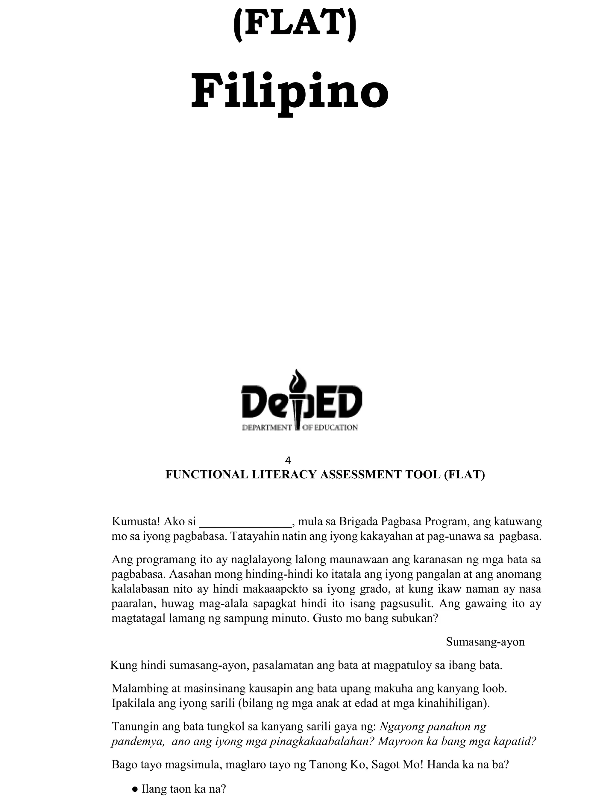 Flat Filipino Reading Material all grade levels | DOCX