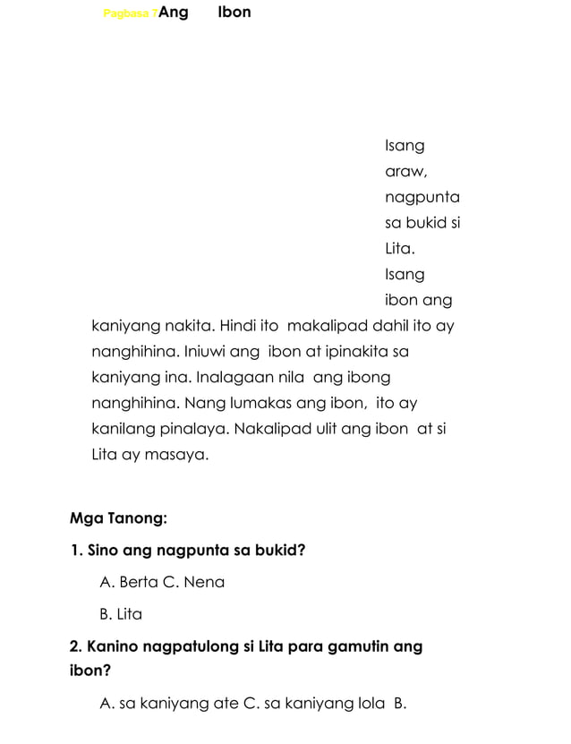 Flat Filipino Reading Material all grade levels | DOCX