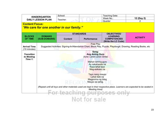 Copy of Kindergarten Daily Lesson Plan Week 12.pdf | Daycare and Pre ...