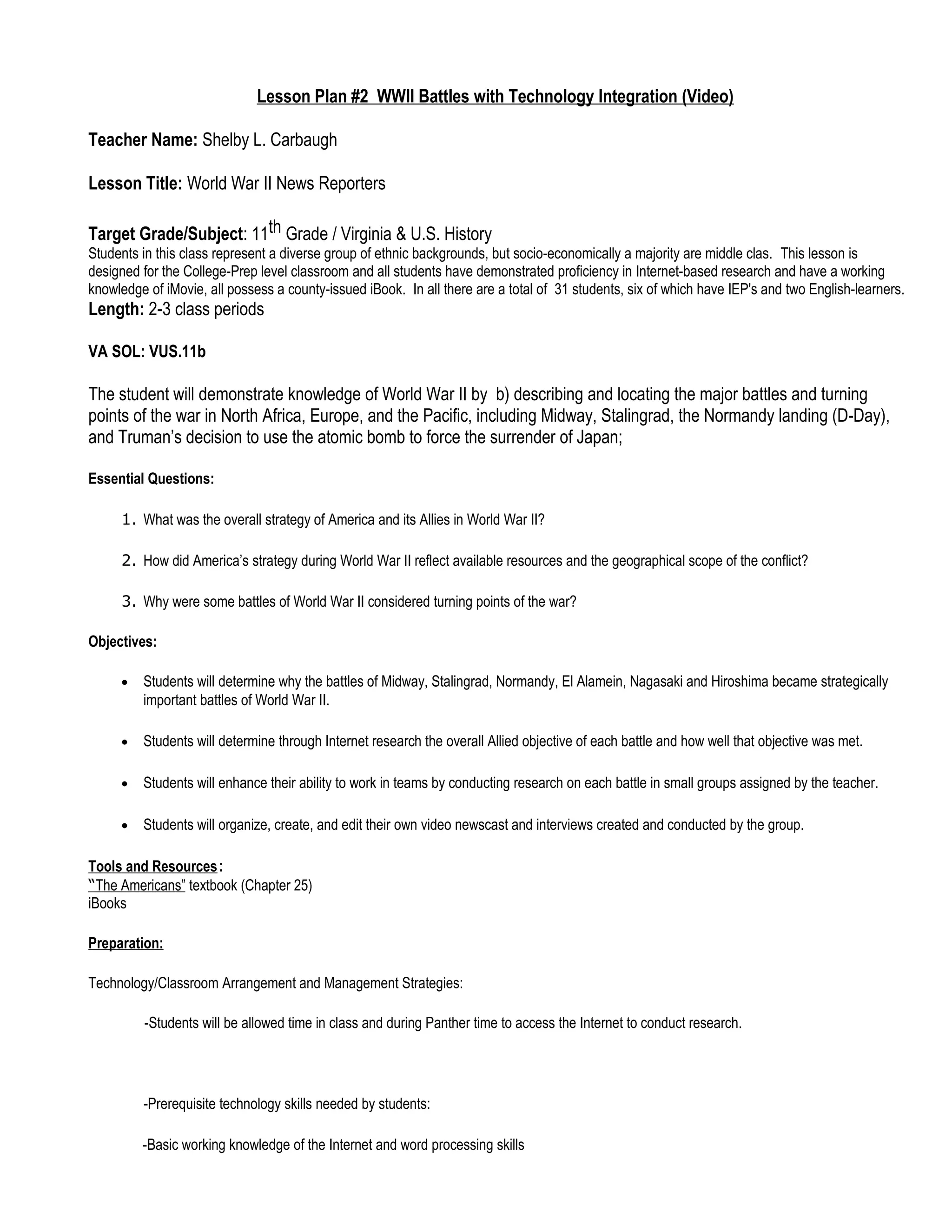 Copy Of Lesson Plan #2 Wwii Battles With Tec...[1] | PDF