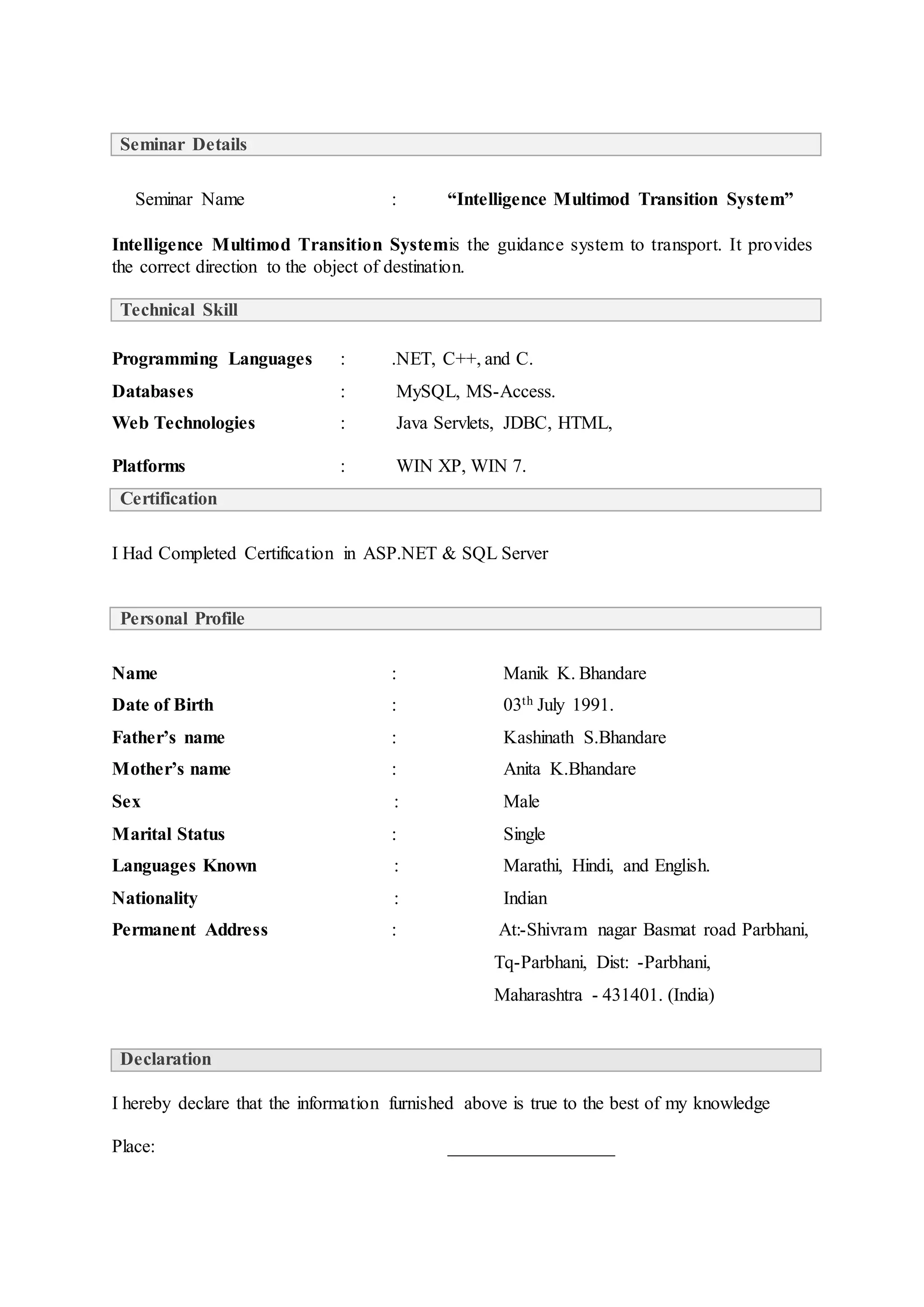 Copy of manik bhandare update resume | DOCX