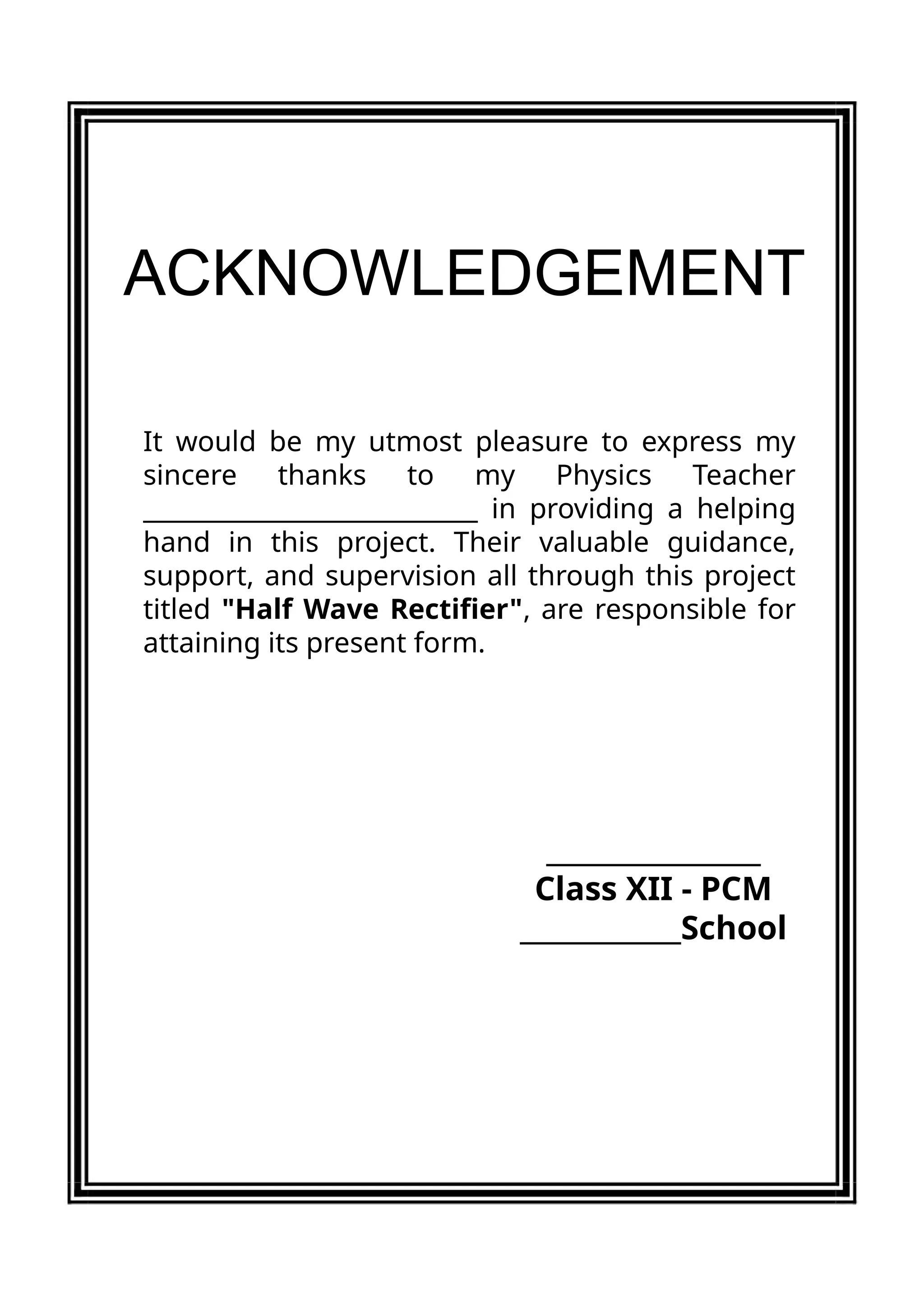 Class 12 Physics Investigatory Project - Half Wave Rectifeer | PPTX