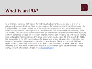 What is an IRA?, Presented by Scottsdale Capital Advisors | PDF