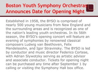 Boston Youth Symphony Orchestras Announces Date for Opening Night | PDF ...