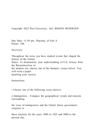 US History Thematic Essay on Immigration, Technology, or War and ...