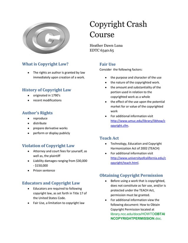 Copyright Crash Course PowerPoint Handout | DOCX | Law