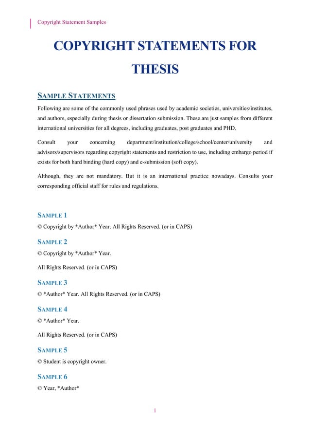 Samples for Copyright Statements for Thesis 2016 | PDF