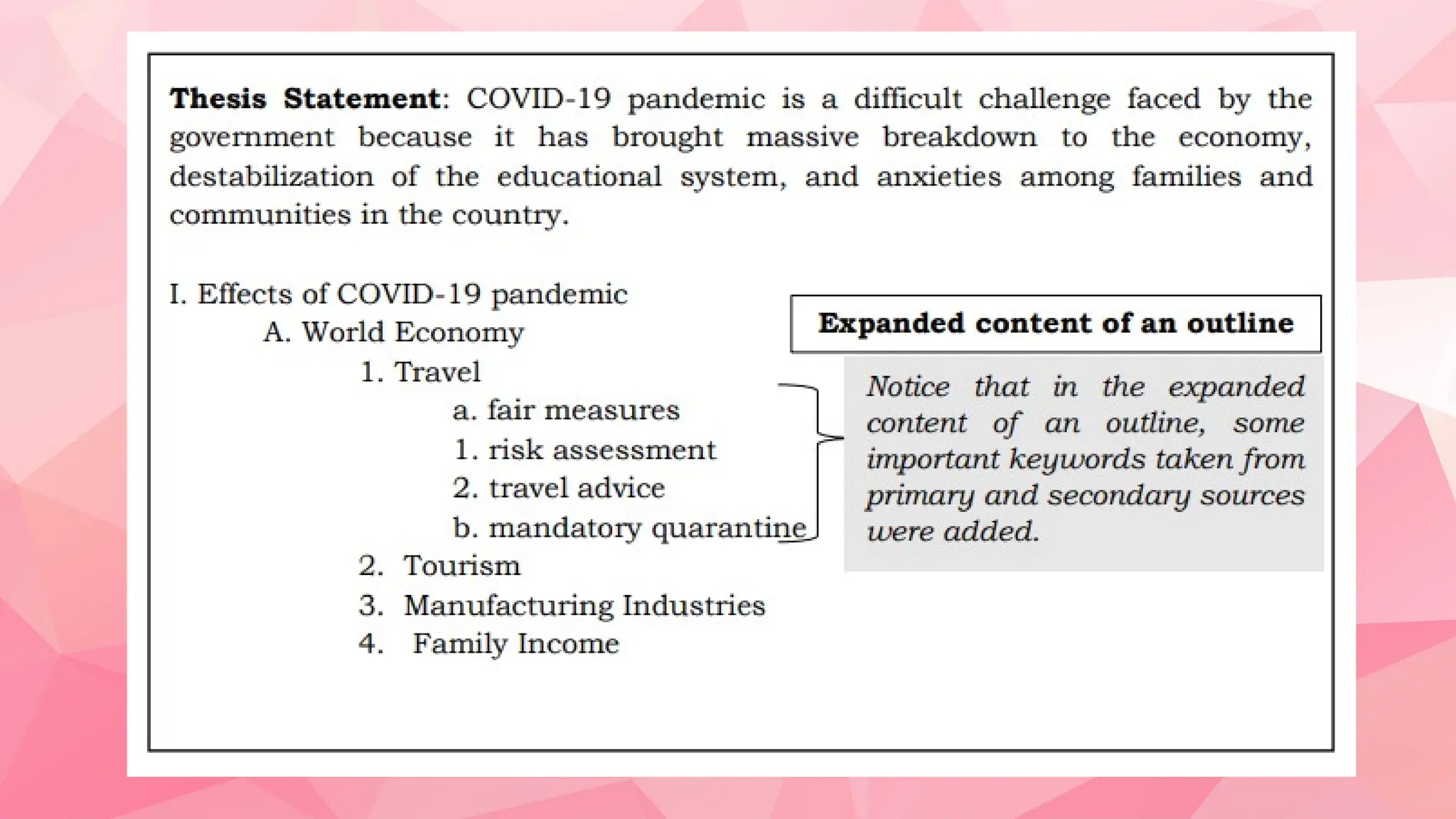 Expanding the content of an outline using notes from primary and ...